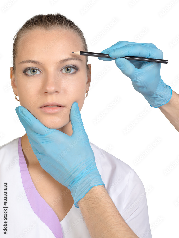 Beauty Woman face surgery making marks on close up portrait. Female ...