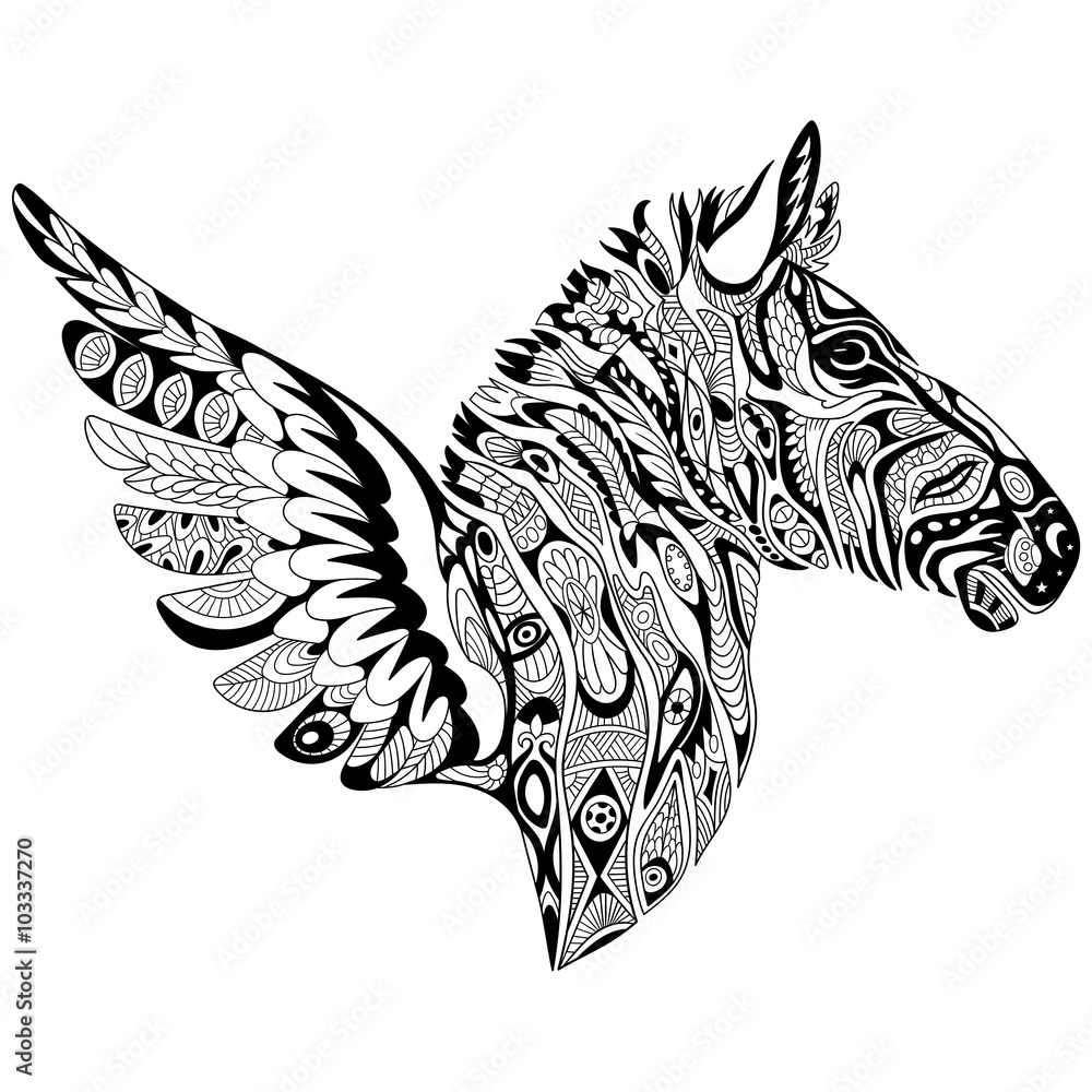 Zentangle stylized cartoon zebra with wings, isolated on white ...