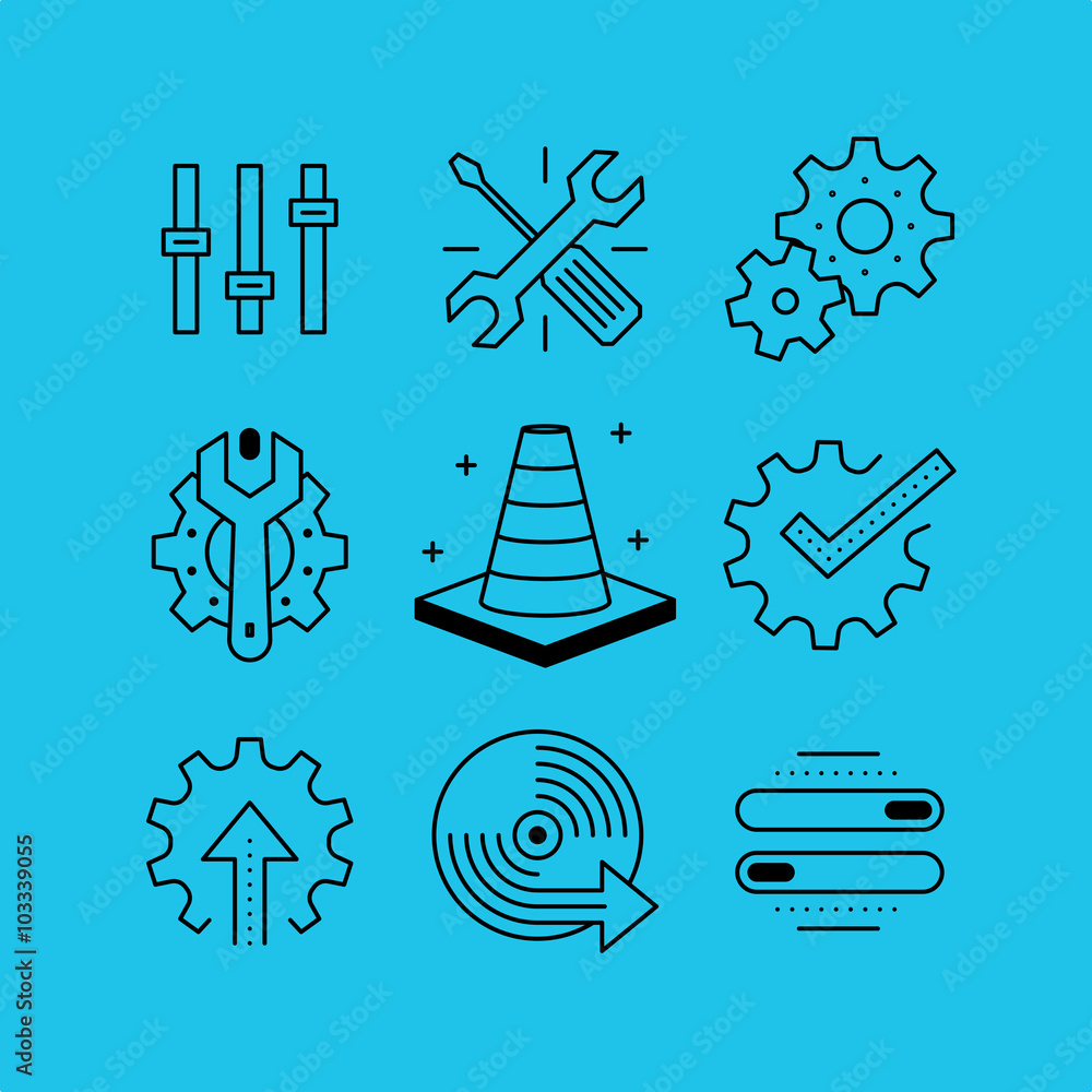 Set of line vectors icons in the flat style. Setup and installation of ...