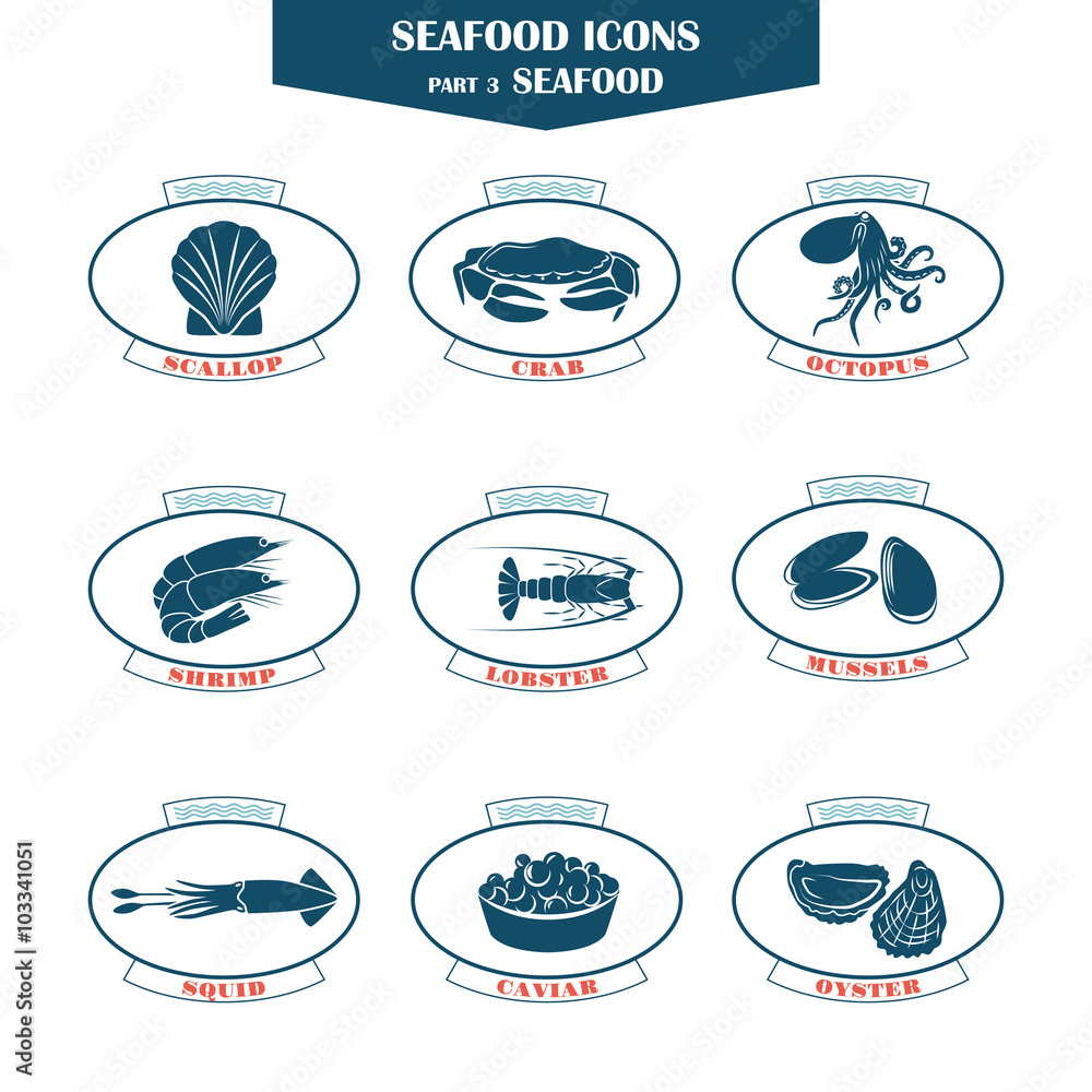 Seafood icons. Fish icons Stock Vector | Adobe Stock