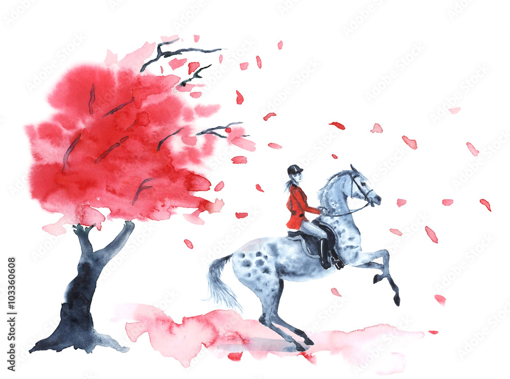 Watercolor autumn tree with red leaves and rider and on dapple grey ...