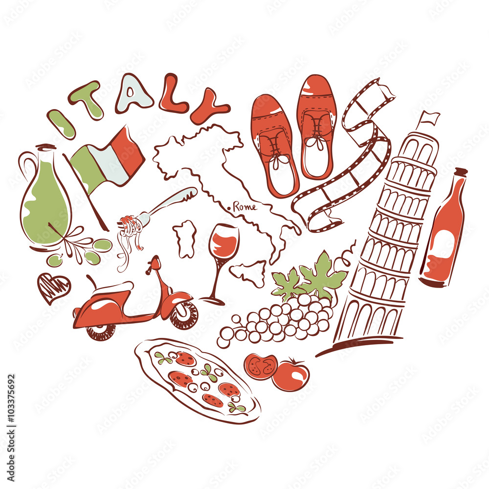 Symbols of Italy in the form of heart, vector illustration Stock Vector ...