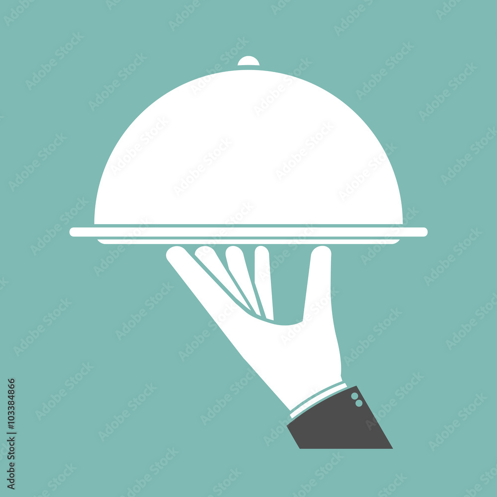 Hand holding silver platter with cover icon. Cloche in hand flat icon ...
