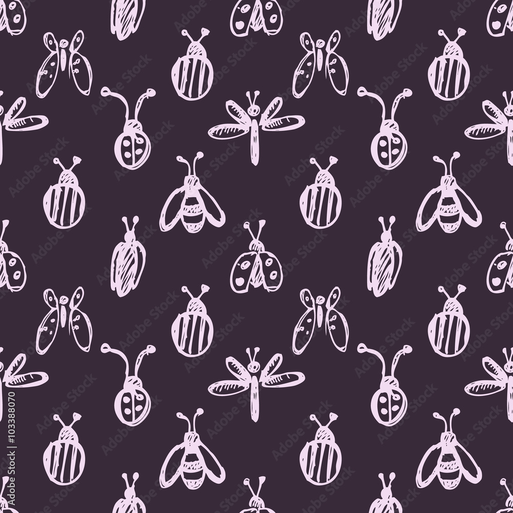 Seamless vector pattern with insects, background with ladubugs, wasps ...