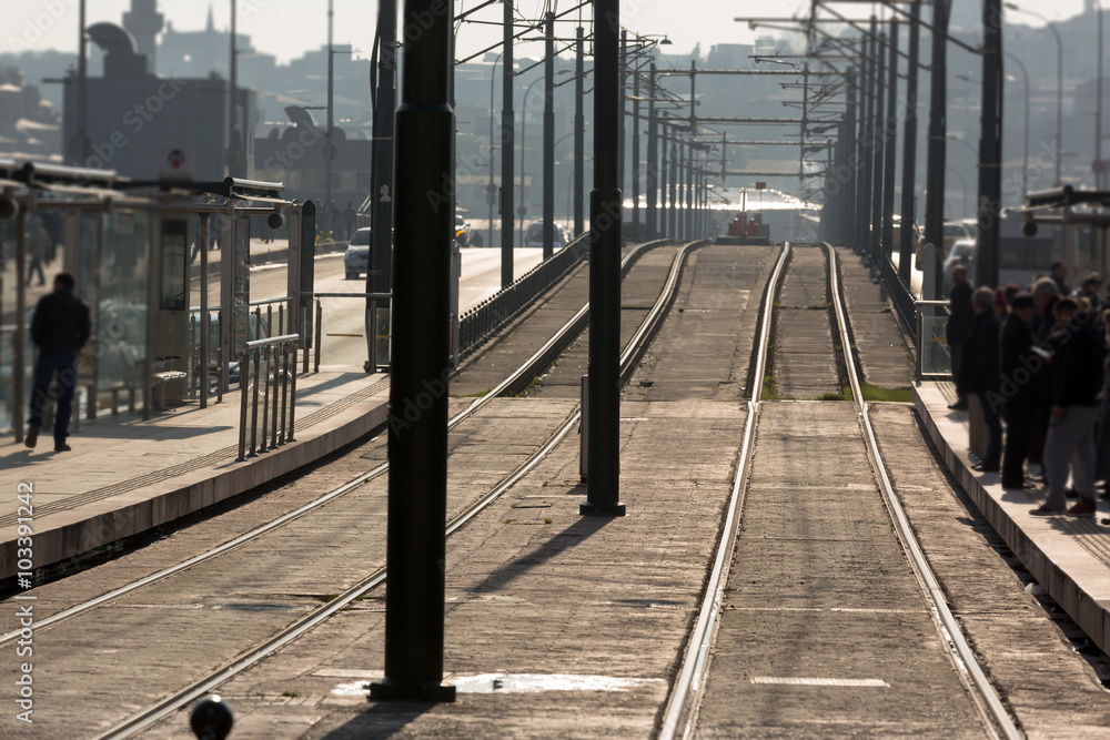 Tram tracks on bridge in Istanbul, a perspective look of detail metal ...