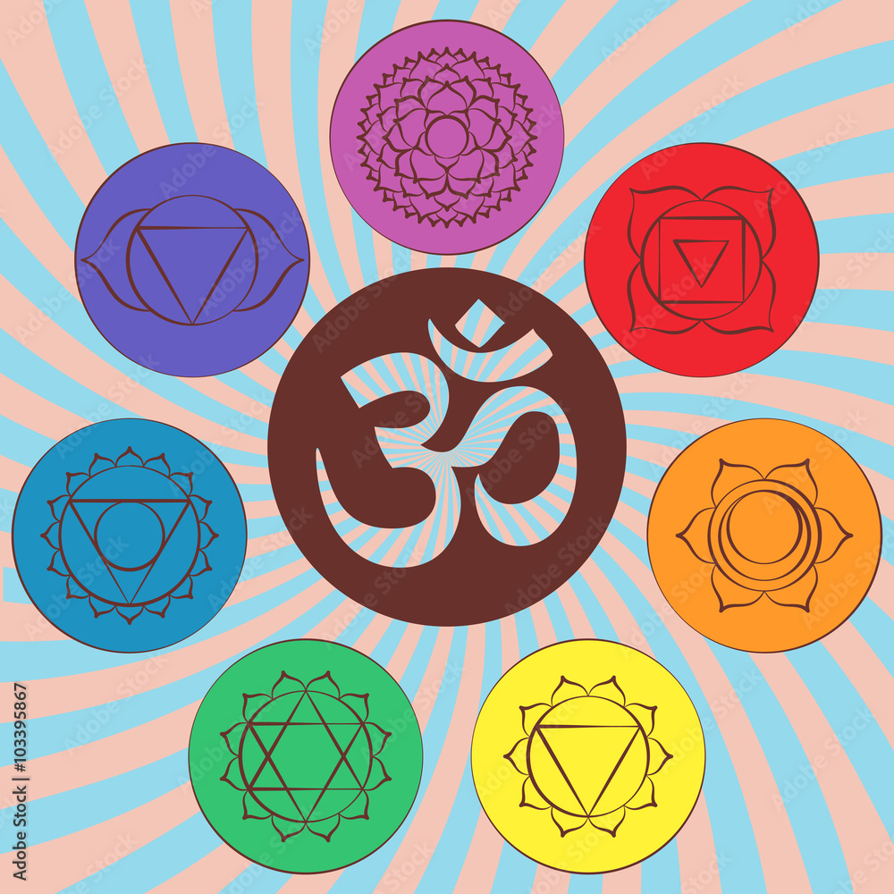 Chakra pictograms and symbol OM in the centre. Set of chakras used in ...