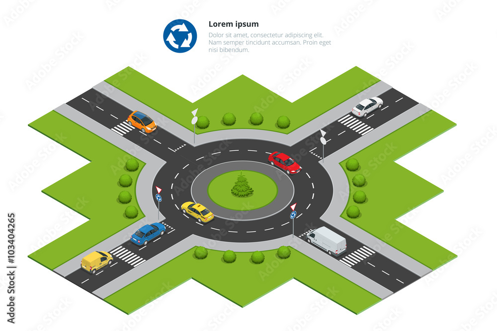 Roundabout, cars, roundabout sign and roundabout road. Asphalted Road ...