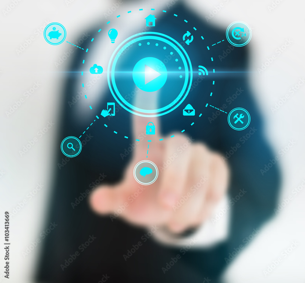 Abstract concept photo of man touching future technology social network ...