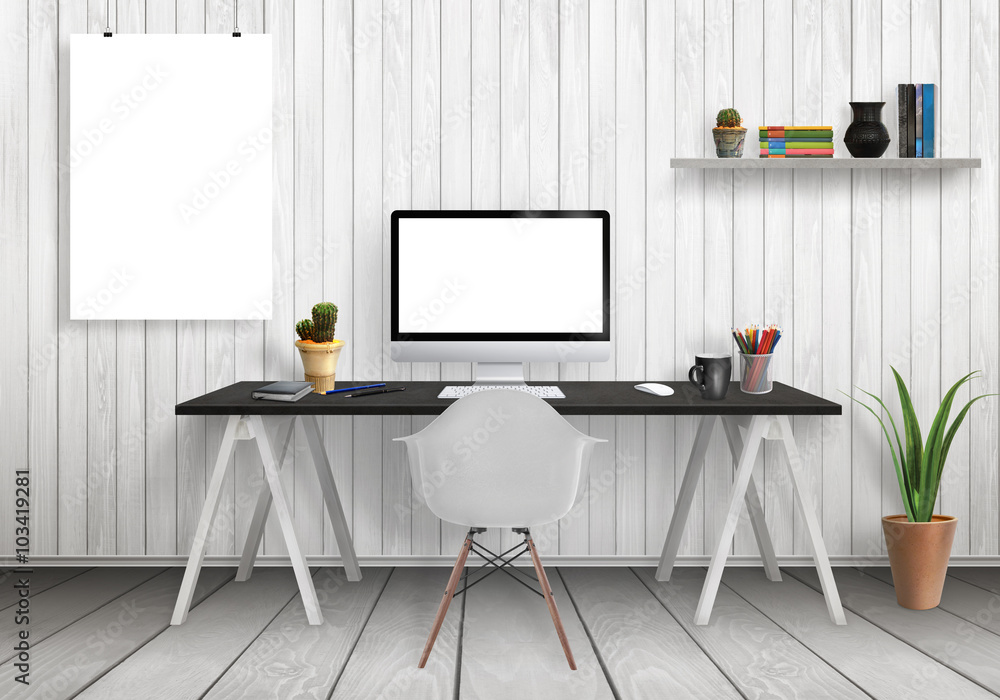 Computer on desk and isolated poster mockup in modern office interior ...