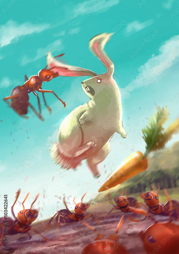 Cartoon illustration of group of ants attack a white rabbit by biting ...