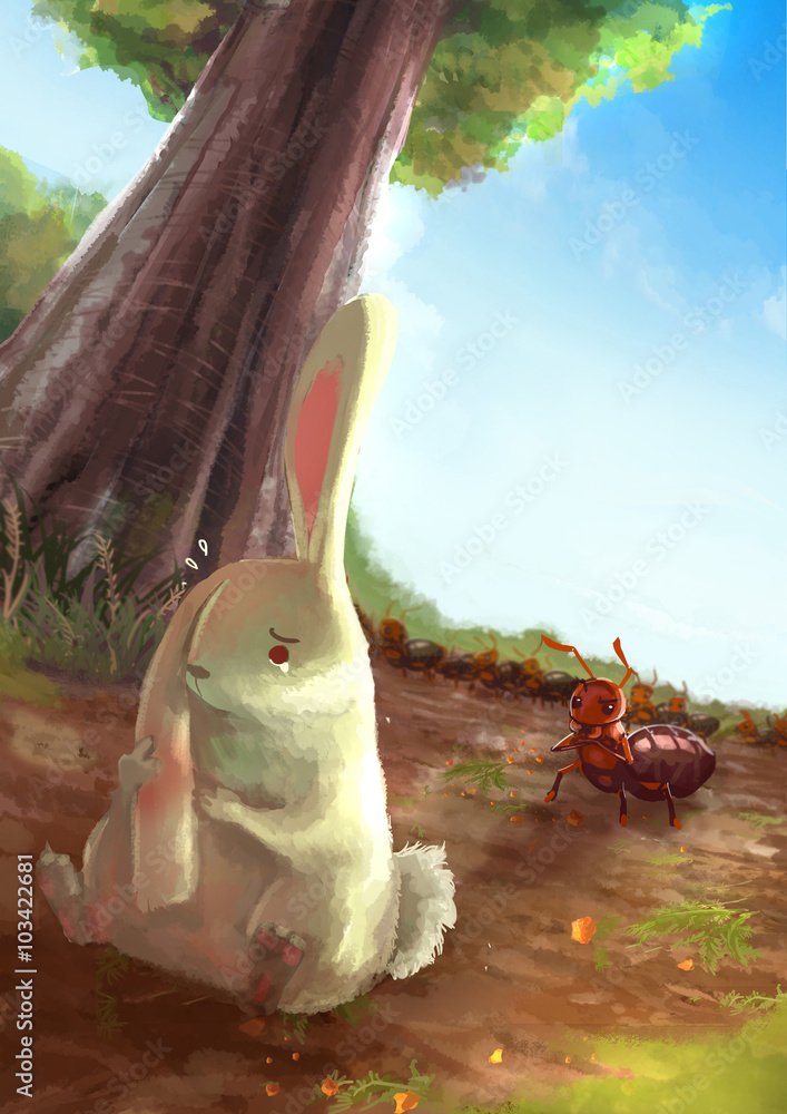 Cartoon illustration of white rabbit rubbing her ears in pain with red ...