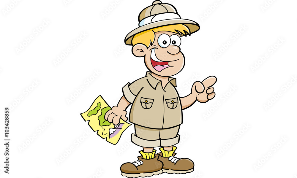 Cartoon illustration of a boy dressed as an explorer and pointing ...