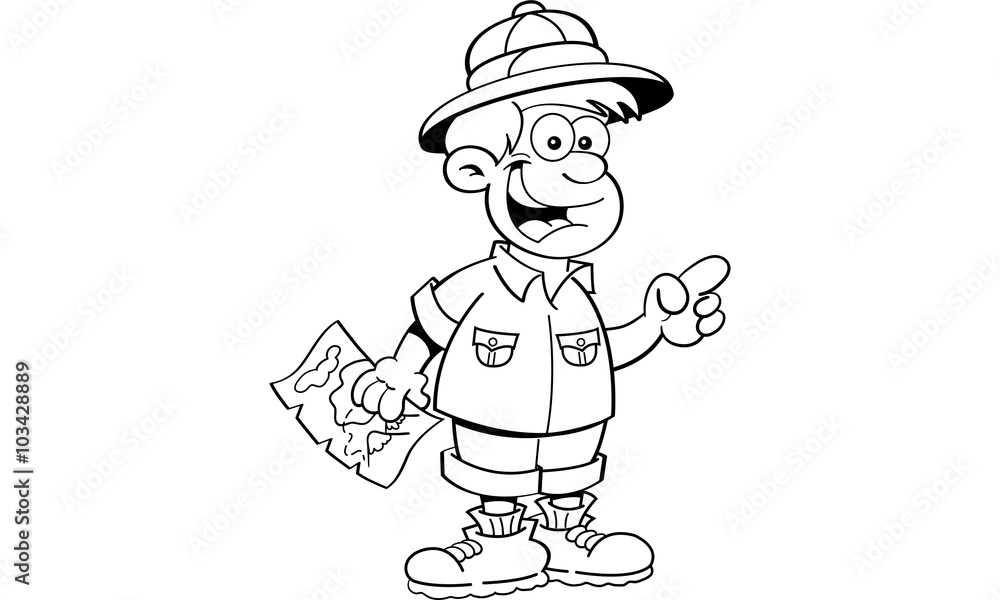 Black and white illustration of a boy dressed as an explorer and ...