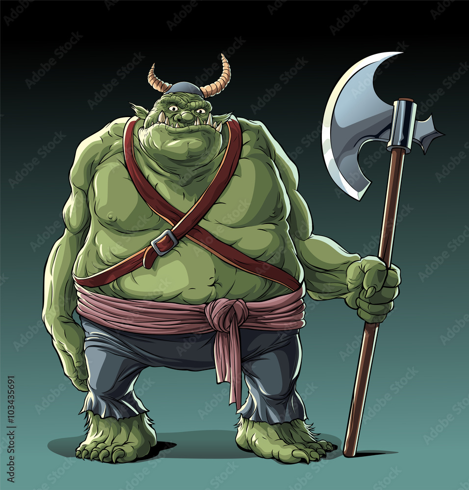 Big fat troll with axe in standing pose. Stock ベクター | Adobe Stock