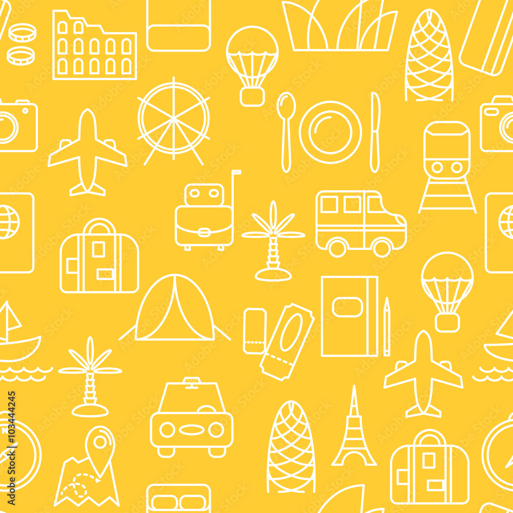 Thin line icons seamless pattern. Travel and transportation icon yellow ...