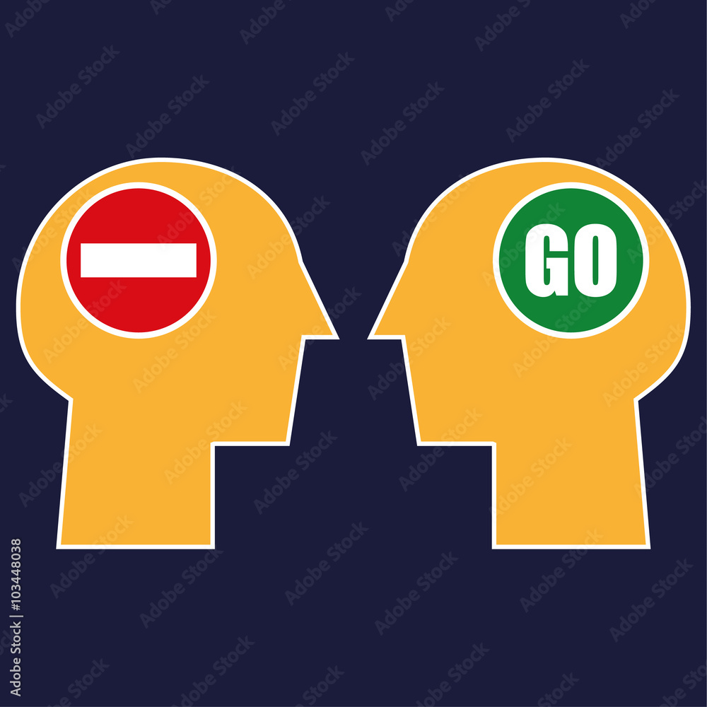 Two stylized human heads facing each other with Stop and Go traffic ...