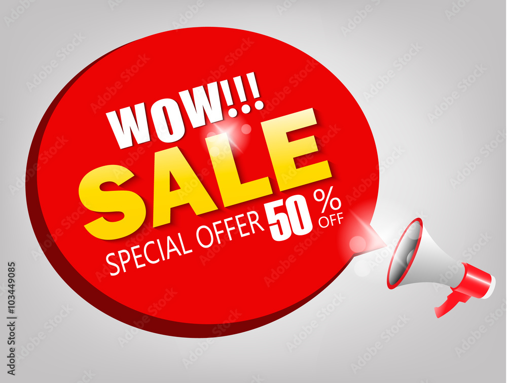 WOW message bubble speech vector illustration with bullhorn, promotion ...