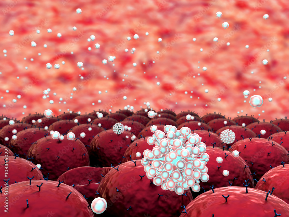 pathogen and cells, field of cells, field of cells with receptors ...