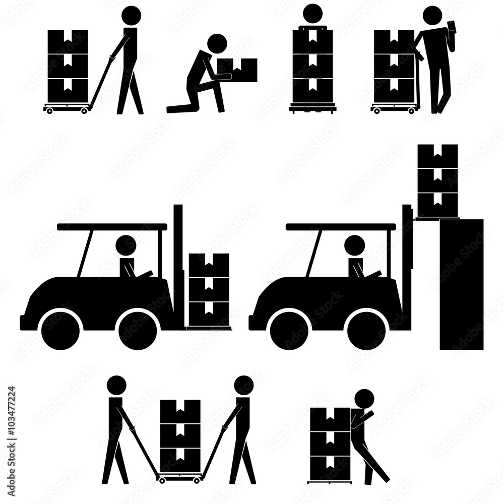 man moving box and things with fork lift togeteher icon sign symbol ...