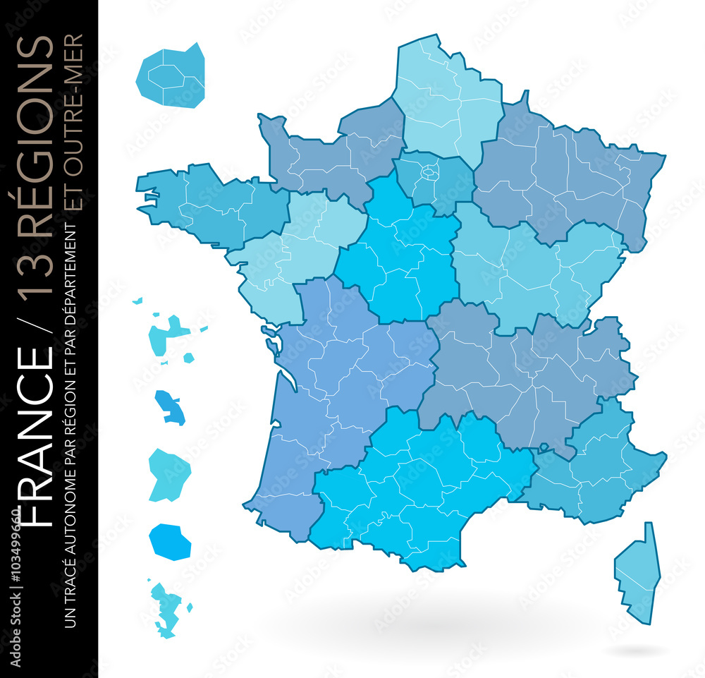 Carte de France 13 régions (Carte modifiable : un tracé par département ...