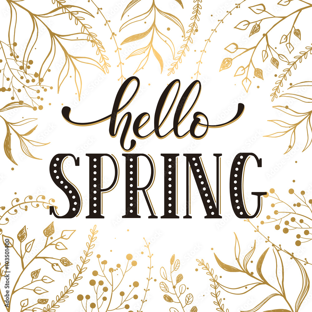 Hello spring lettering black on white with golden branches on ...