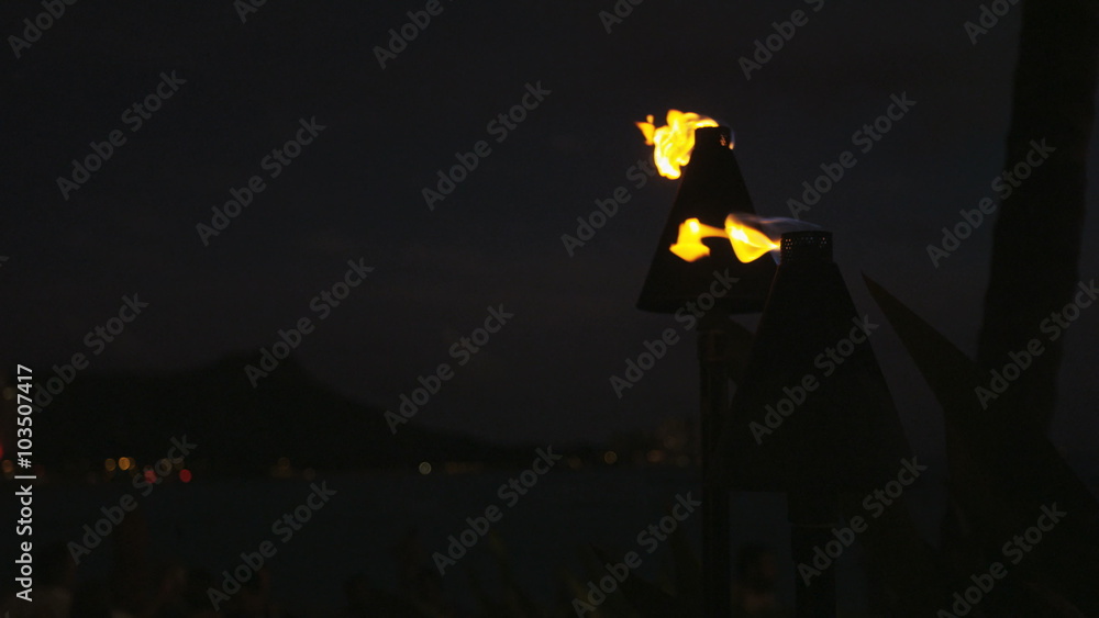 Torch flames burning in slow motion at night. Torch flame at night ...