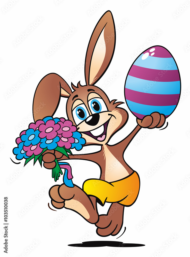 Dancing Easter Bunny with Egg and Flowers Stock Illustration | Adobe Stock