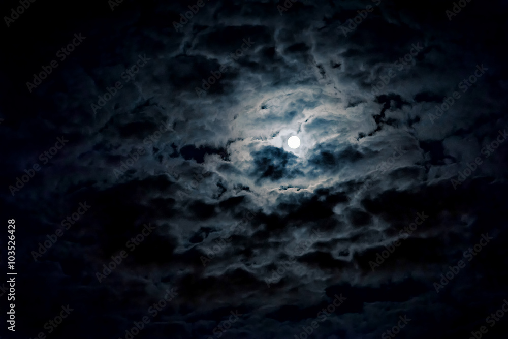 Night sky with full moon and mystic clouds. Spooky midnight, horror ...