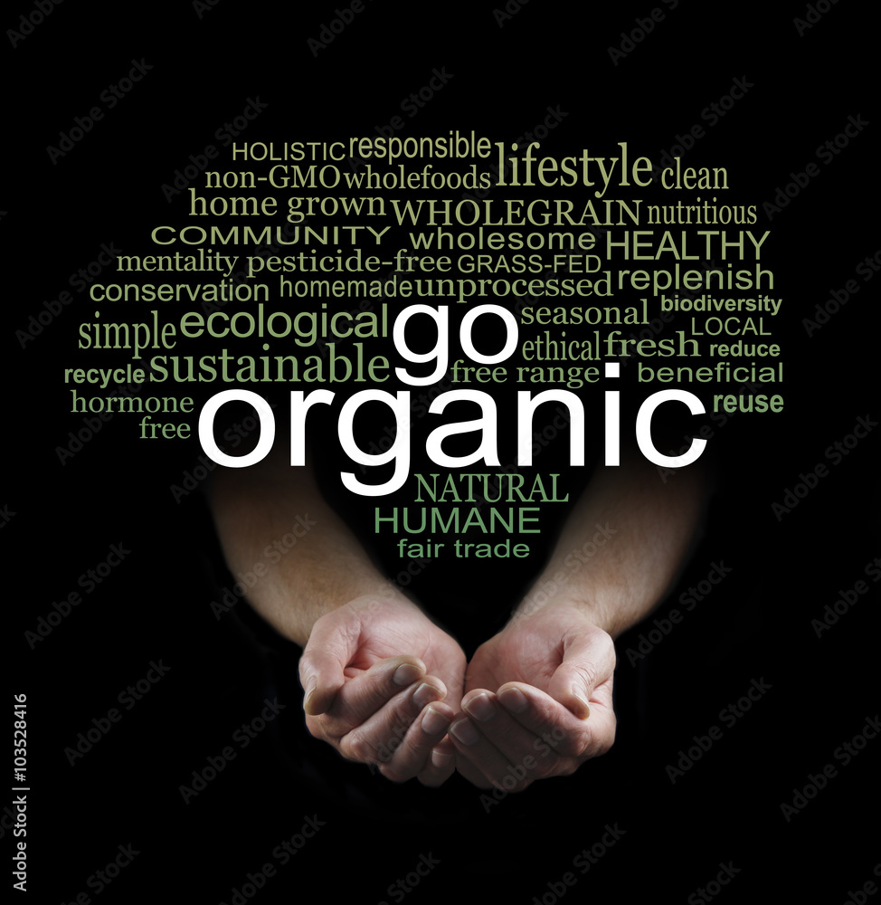 Go Organic Campaign Poster - male cupped hands on a black background ...