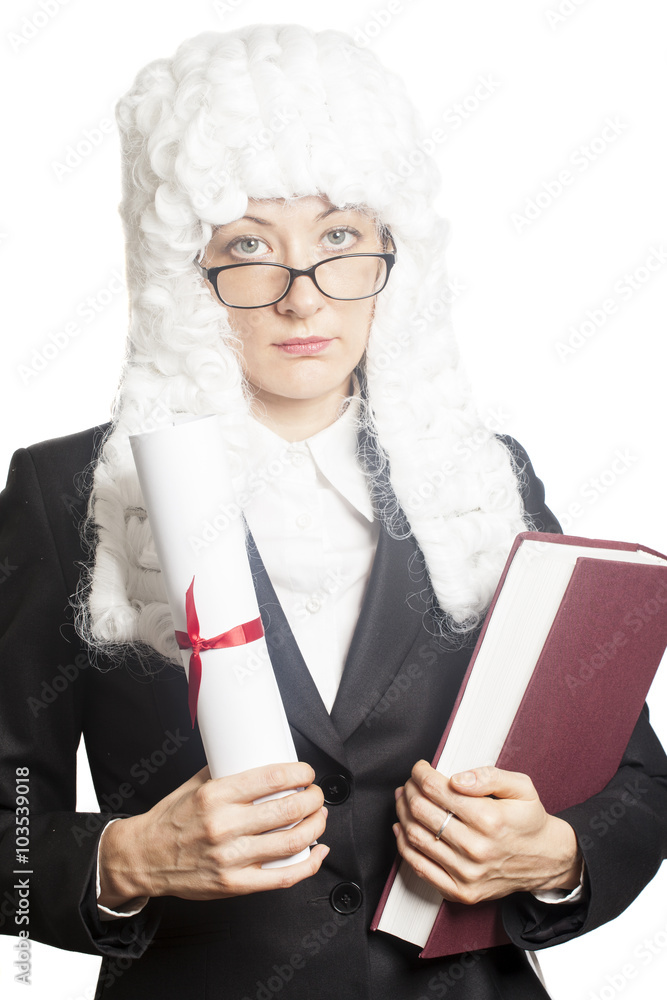 Female judge wearing a wig with eyeglasses holding brief and book Stock ...