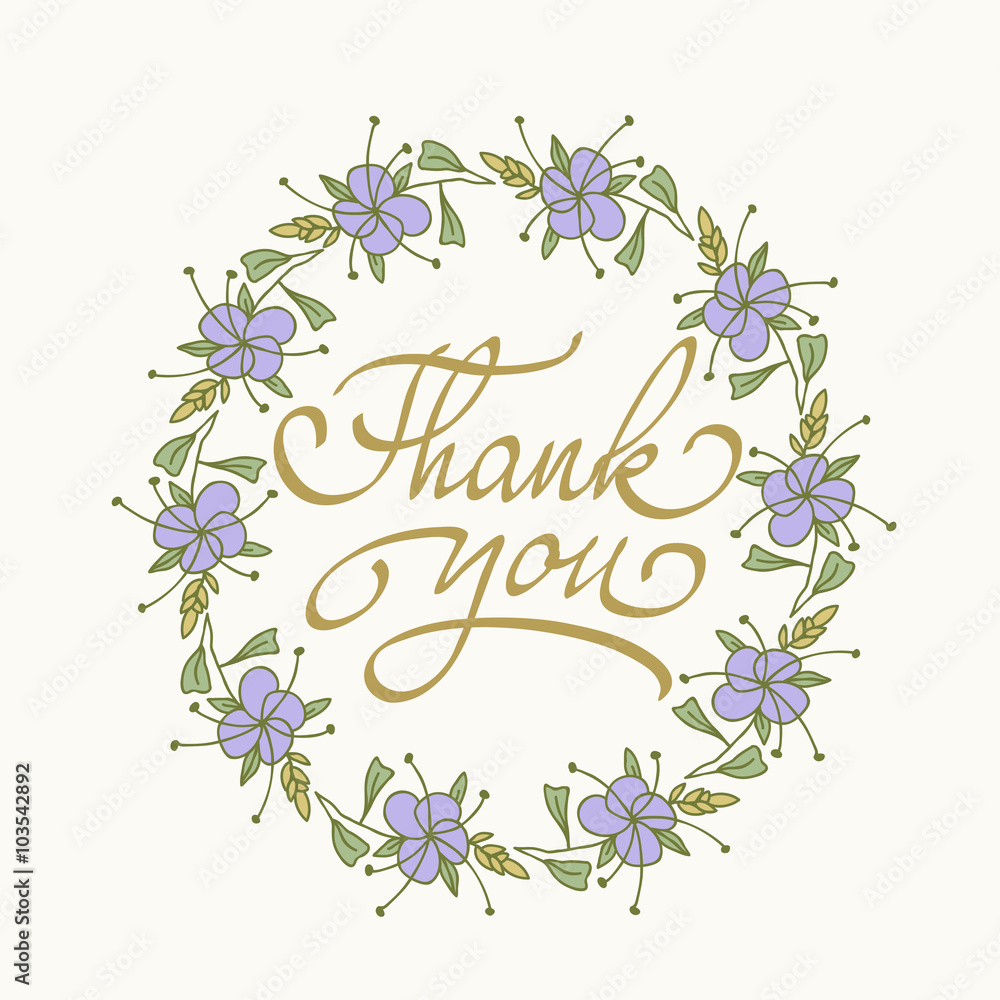 Card template with hand drawn flower border and hand written Thank You ...