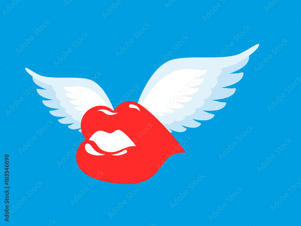 Kiss with wings. Flying winged Lips. Romantic character. Air Kis Stock ...