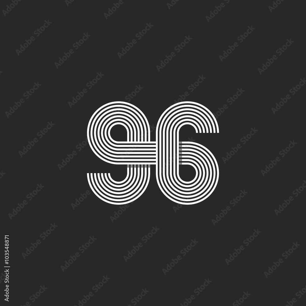 Number logo 96 creative offset thin line monogram, modern mockup print ...