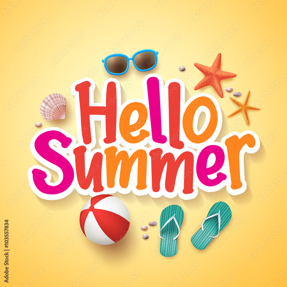 Hello Summer Text Title Poster Design with Realistic 3D Vector Elements ...