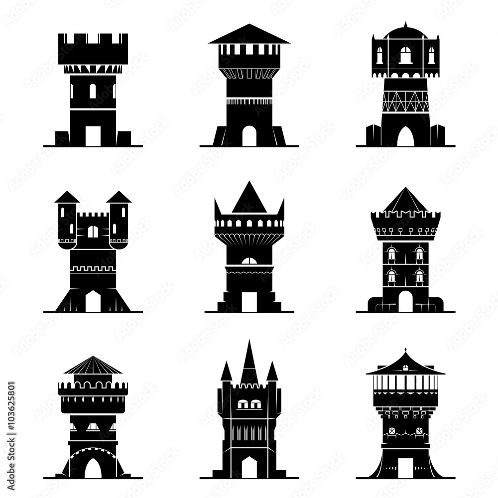 Set of black-and-white tower icons. Vector collection of symbols for ...