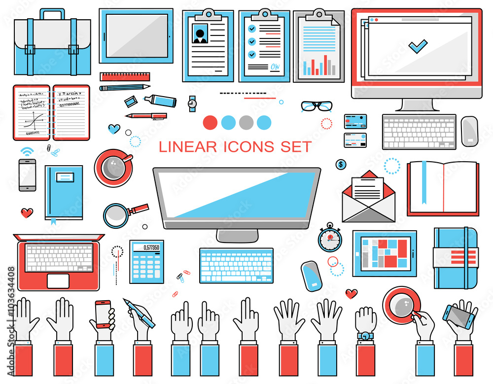 linear workplace icons collection, flat style objects set of a top view ...