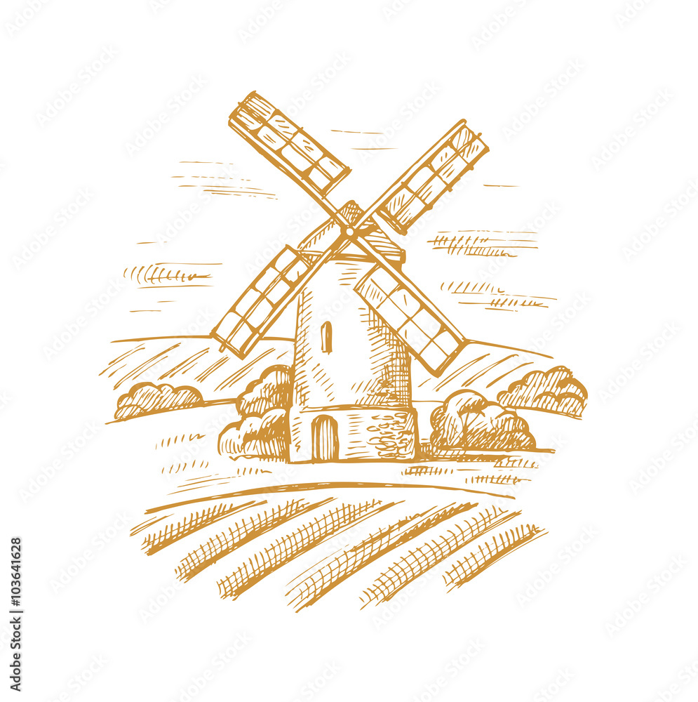 mill and landscape Stock Vector | Adobe Stock