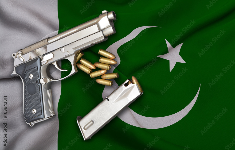 Pakistani Gun Laws flag with pistol gun and bullet Stock Illustration ...