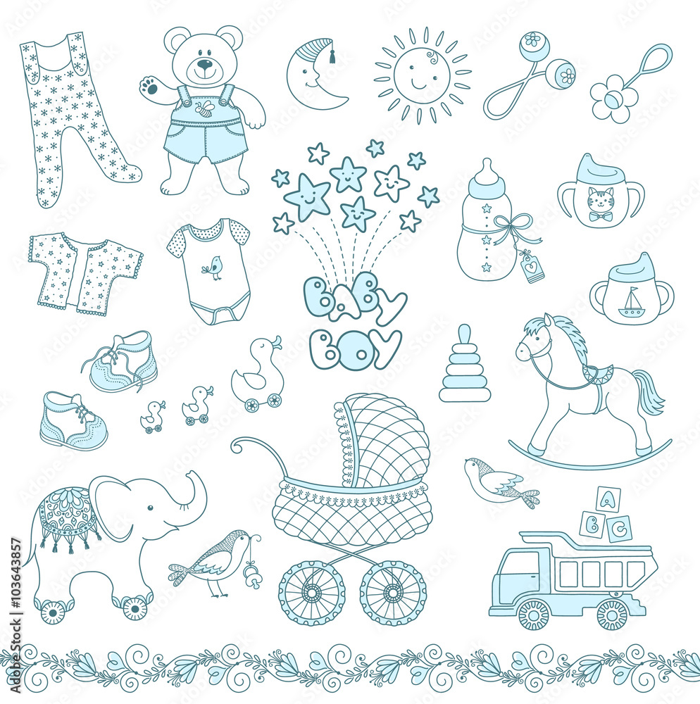 Set of cute blue baby boy things. Vector contour. Stock Vector | Adobe ...