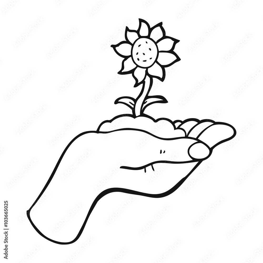 black and white cartoon flower growing in palm of hand Stock Vector ...
