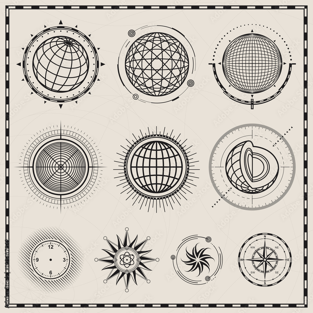 Collection of outline globes, spheres and compass symbol design. Stock ...