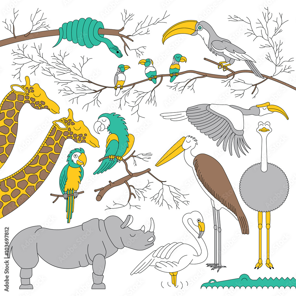 African animals flat. African safari zoo outline. African animals ...