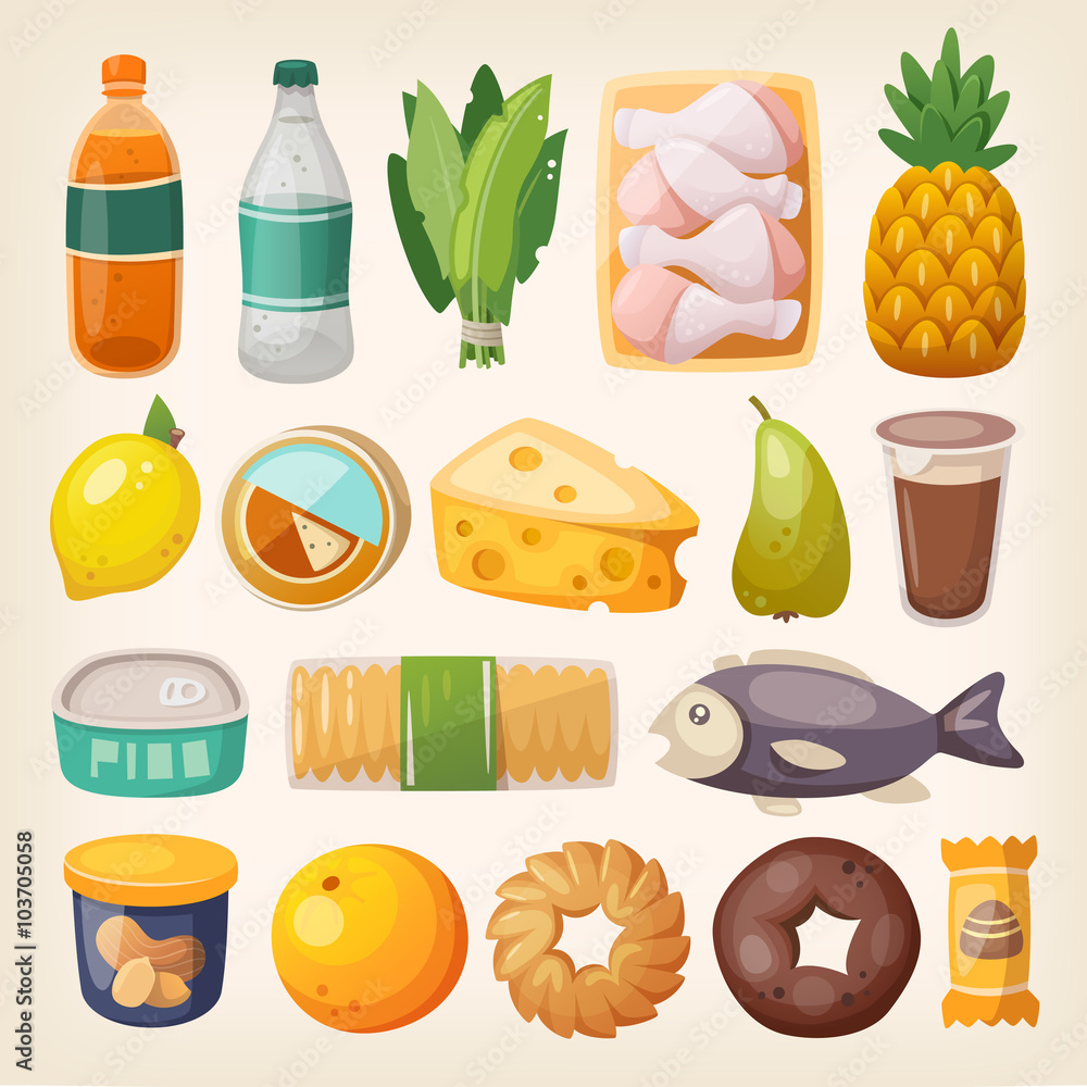 Set of common goods and everyday products we get by shopping in a ...