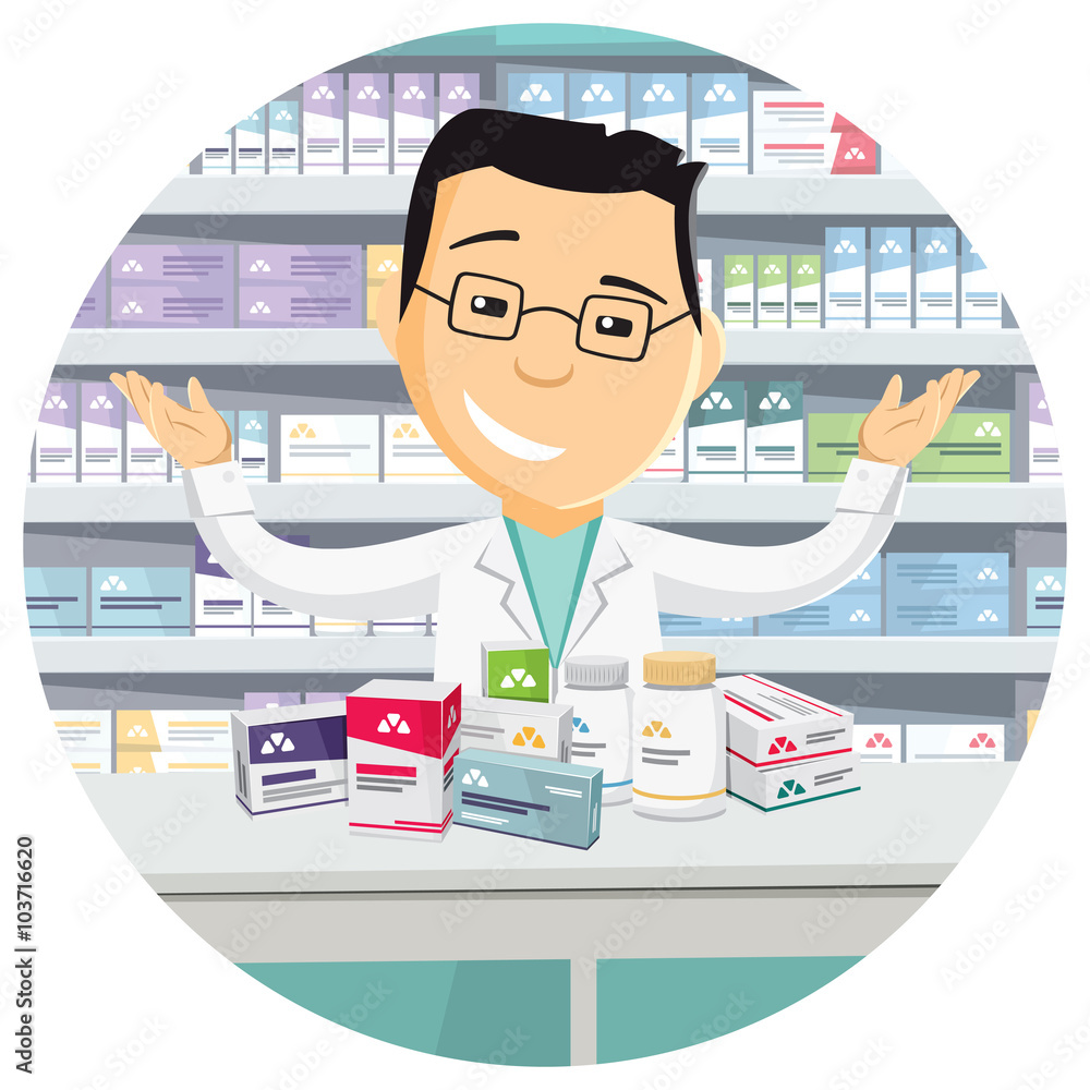 Pharmacist chemist man in pharmacy. Banner. Sale of vitamins and ...