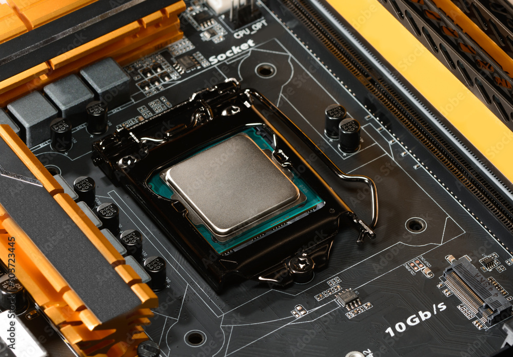 .Modern processor fitted with the PC motherboard with a cascade of ...