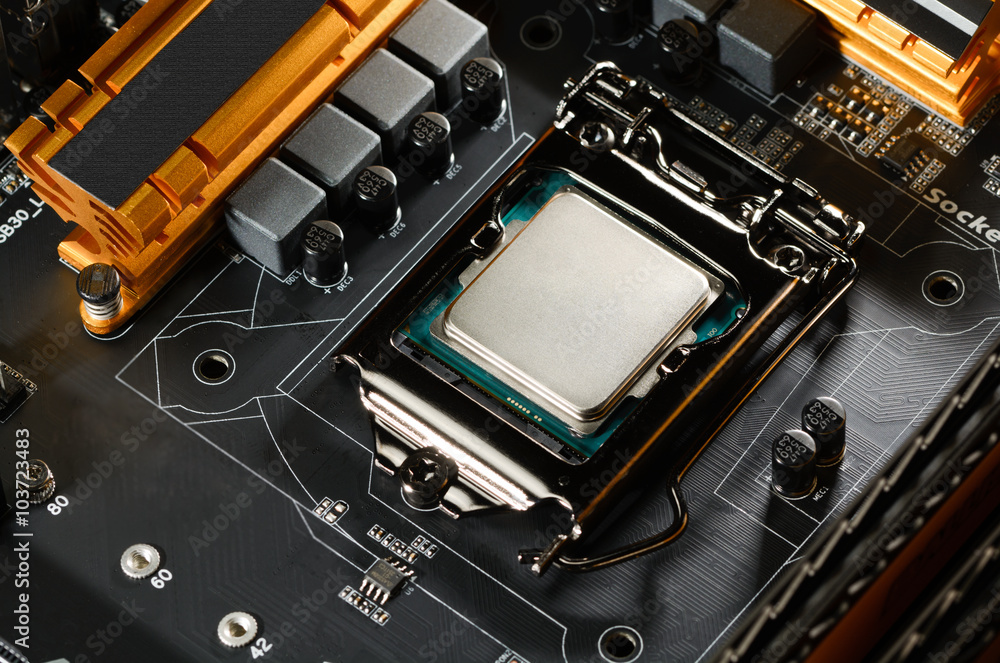 .Modern processor fitted with the PC motherboard with a cascade of ...