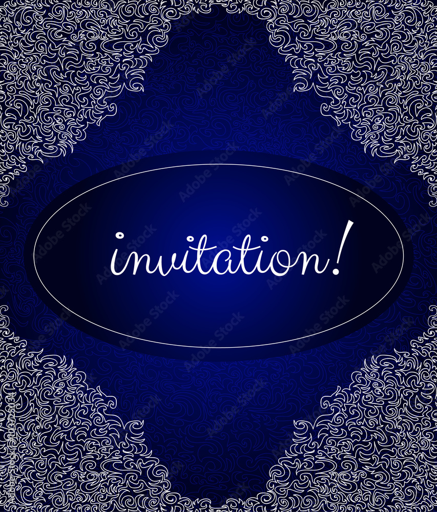 Beautiful blue invitation frame with curling elements and corners. You ...