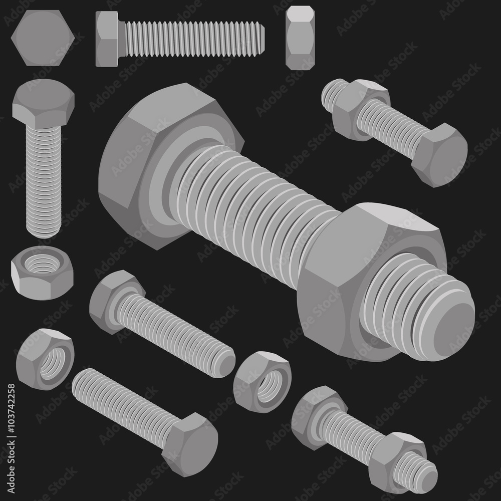 bolt and nut set all view isometric Stock Vector | Adobe Stock