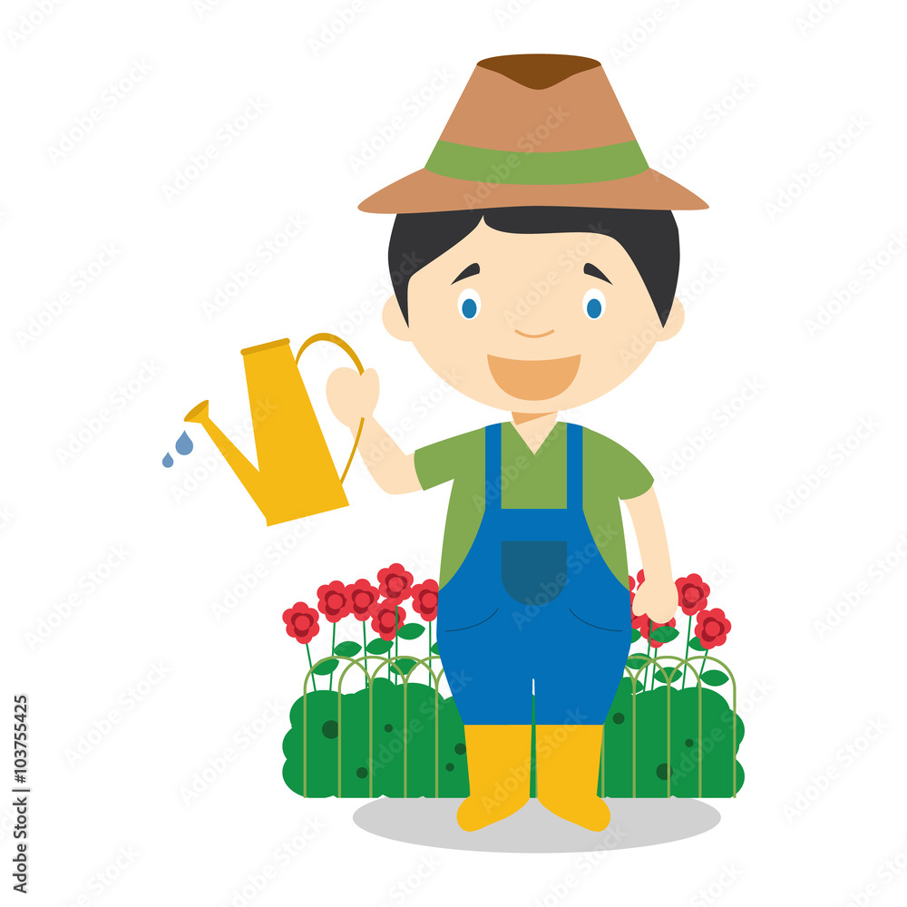 Cute cartoon vector illustration of a gardener Stock Vector | Adobe Stock