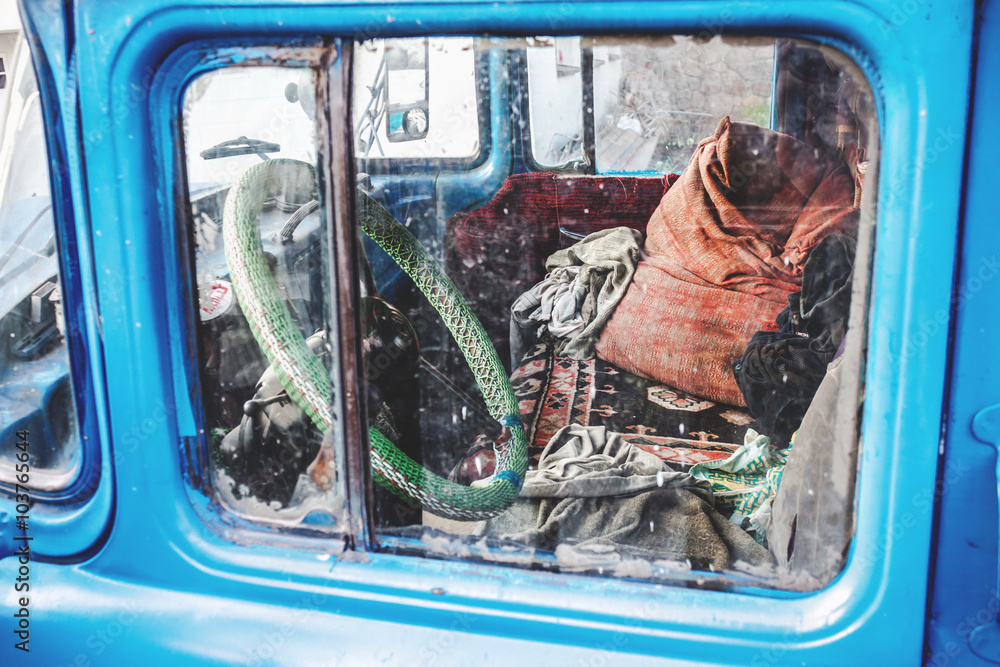 cab of old truck through side window Stock Photo | Adobe Stock